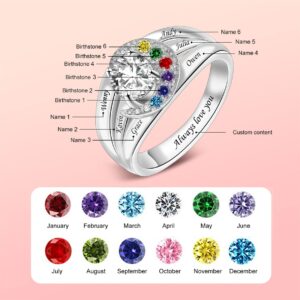 YITUB Personalized Mother Rings with 1-8 Simulated Birthstones Custom Name Ring for Women Engraved Family Ring Moon Ring For Mothers Day Mom Daughter Grandma Sisters (6 Stones)