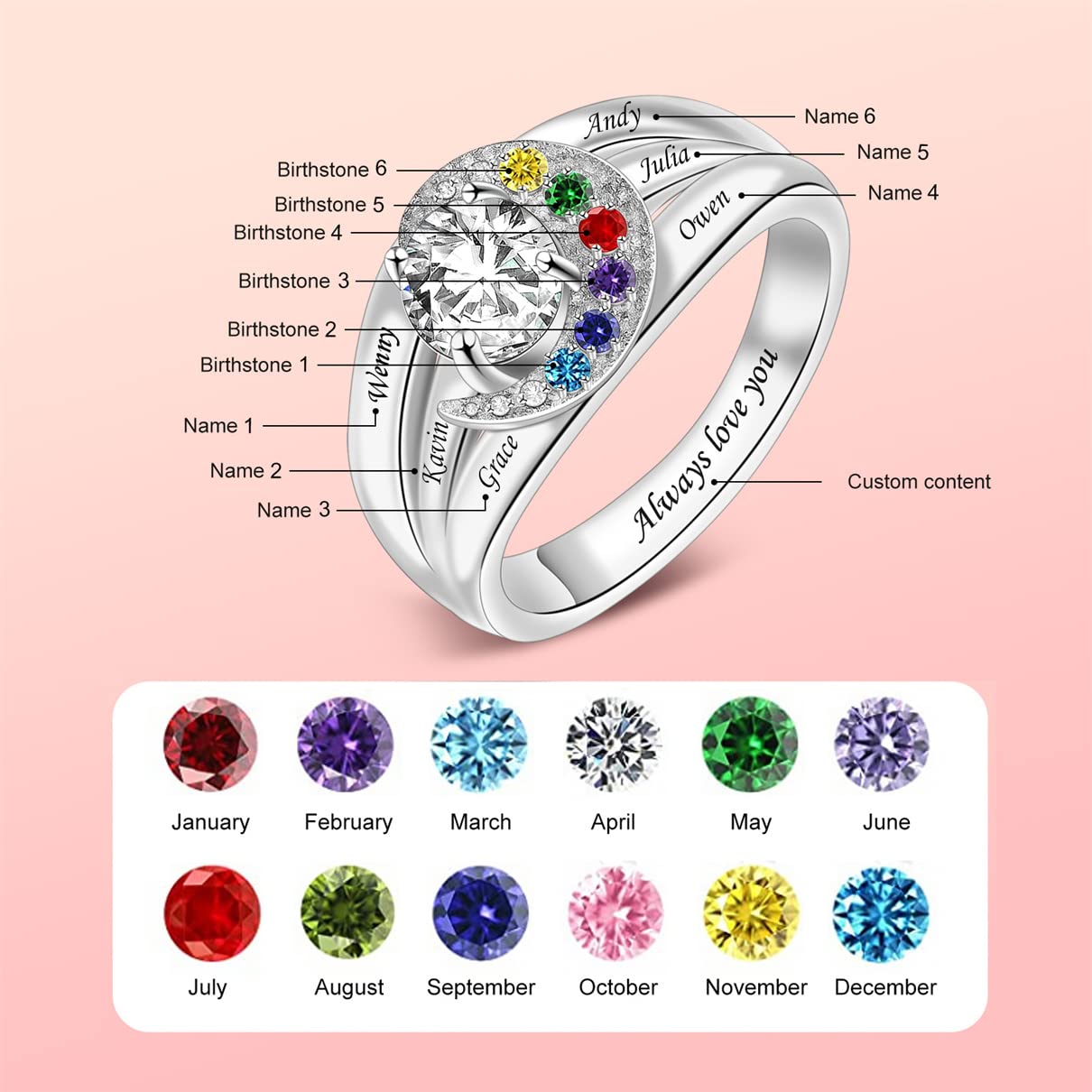 YITUB Personalized Mother Rings with 1-8 Simulated Birthstones Custom Name Ring for Women Engraved Family Ring Moon Ring For Mothers Day Mom Daughter Grandma Sisters (6 Stones)