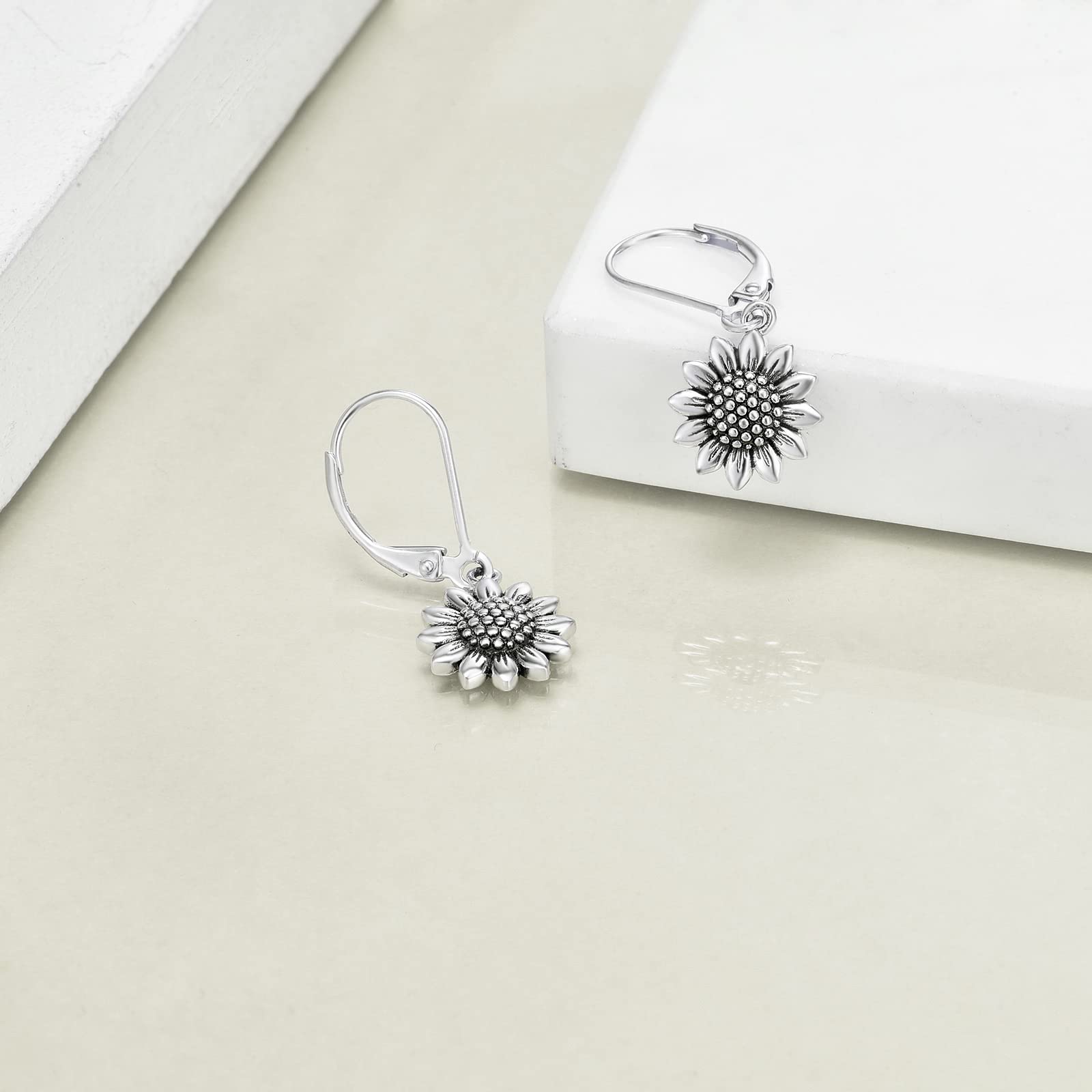 POPLYKE Antiqued Sunflower Leverback Dangle Earrings S925 Sterling Silver Sunflower Earrings for Women