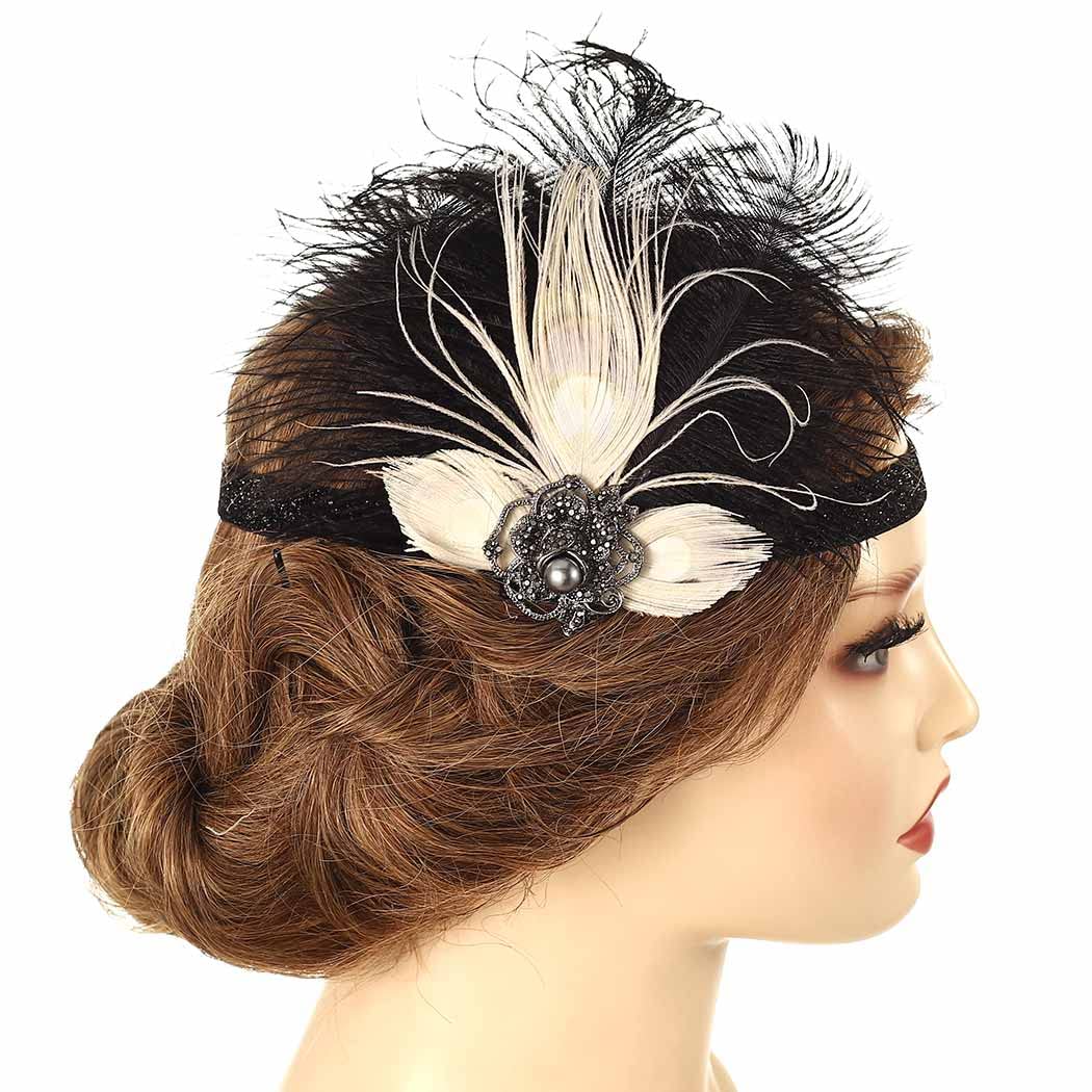 GENBREE Vintage 1920s Flapper Headpiece Black Feather Headband Crystal Headpieces Cocktail Head Accessories for Women and Girls