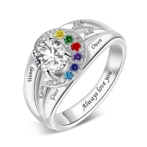 yitub personalized mother rings with 1-8 simulated birthstones custom name ring for women engraved family ring moon ring for mothers day mom daughter grandma sisters (6 stones)