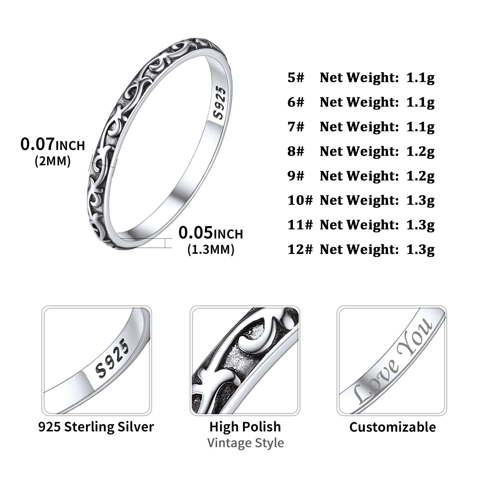 ChicSilver 925 Sterling Silver Ring 2mm Retro Vine Stacking Rings Eternity Wedding Band for Women Size 9