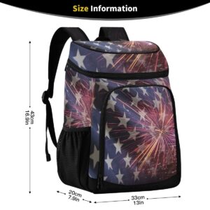 American Flag Firework Memorial Cooler Backpack Leakproof Backpack Cooler Insulated Lunch Cooler Bag 30 Cans Camping Coolers for Picnic Beach Road Trip