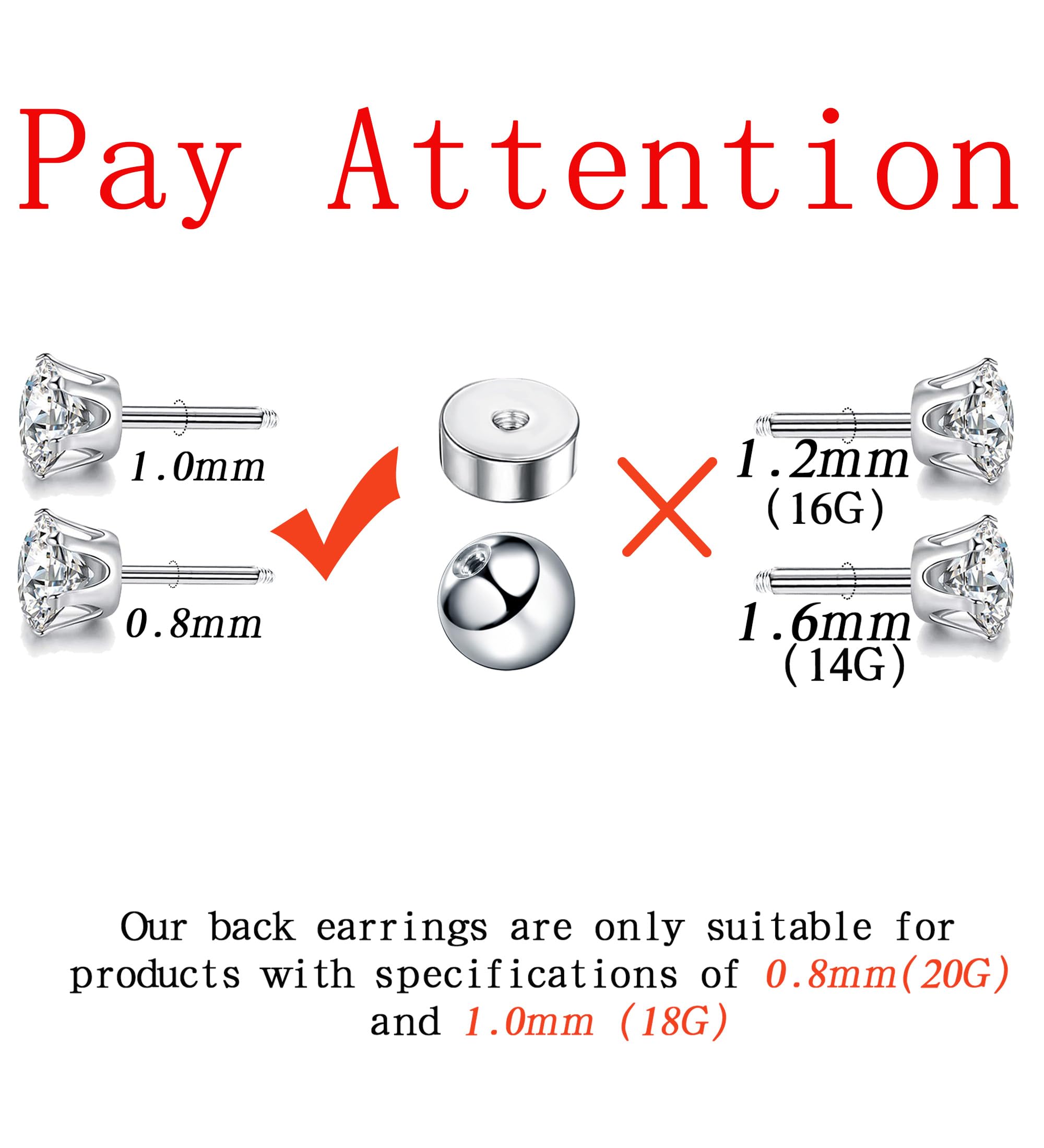 MJust 18G 20G Screw Ball Backs Flat Earring Backs Stainless Steel Replacement Balls Metal Earring Backs for Studs Piercing Parts for Body Jewelry B20