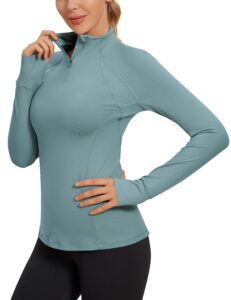 crz yoga women's long sleeve quarter zip pullover slim fit athletic yoga tops workout running shirts with thumbholes turquoise medium