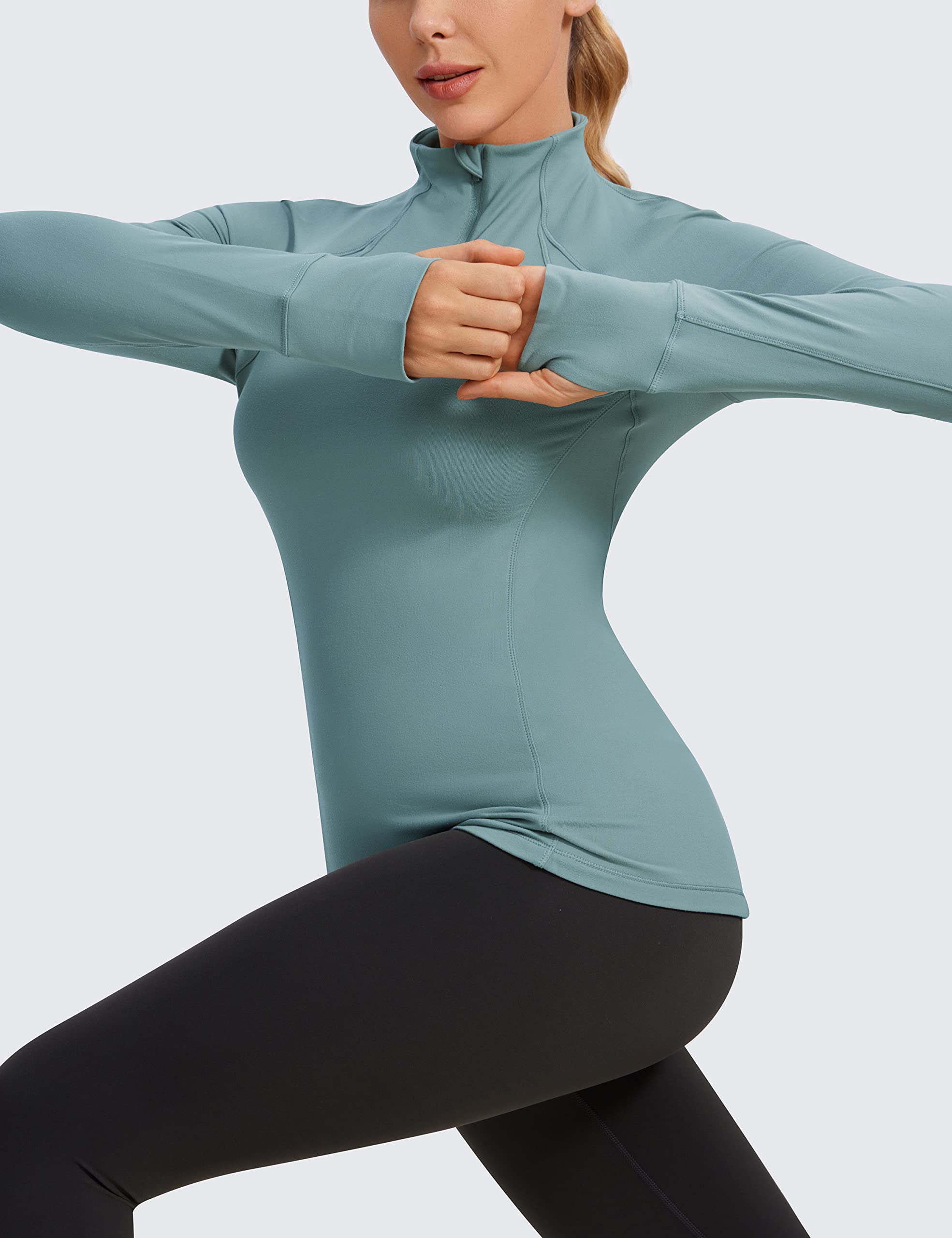 CRZ YOGA Women's Long Sleeve Quarter Zip Pullover Slim Fit Athletic Yoga Tops Workout Running Shirts with Thumbholes Turquoise Medium