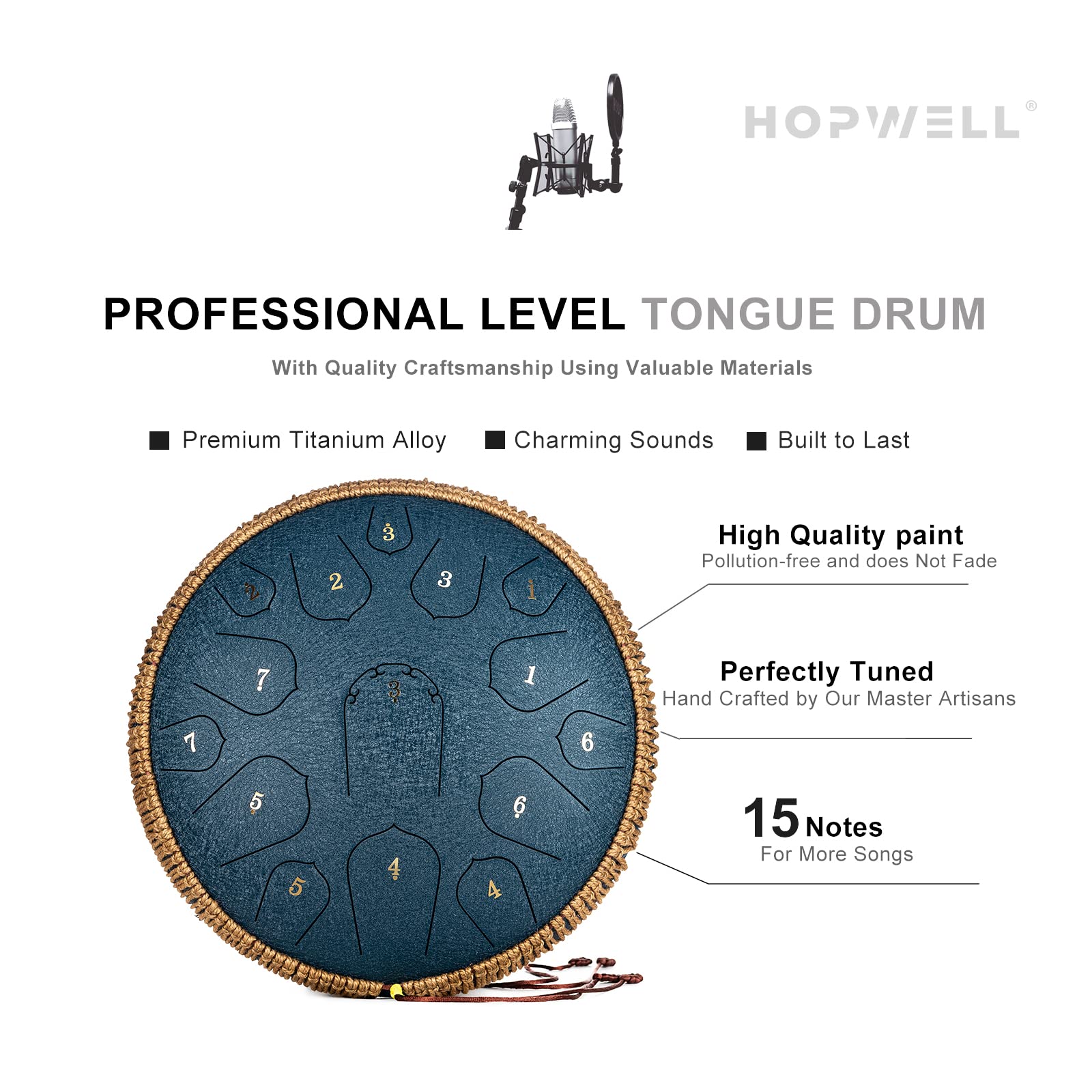 HOPWELL Steel Tongue Drum - 14 Inch 15 Note Tongue Drum - Hand Pan Drum with Music Book, Handpan Drum Mallets and Carry Bag, D Major (Navy Blue)