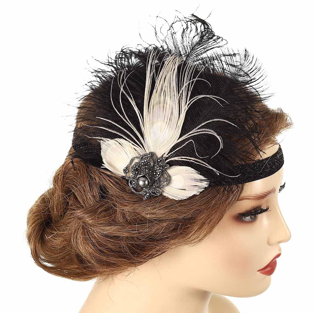 GENBREE Vintage 1920s Flapper Headpiece Black Feather Headband Crystal Headpieces Cocktail Head Accessories for Women and Girls