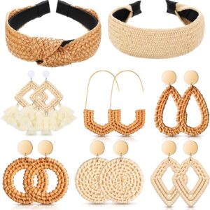 8 pieces knotted rattan headband earrings for women wide straw boho headbands twist knot hair accessories lightweight geometric jewelry beach tassel woven braid drop dangle earrings (elegant style)