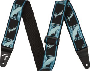 fender neon monogrammed guitar strap, 2in, with 1-year warranty, adjustable length from 34" to 59", leather ends, daphne blue