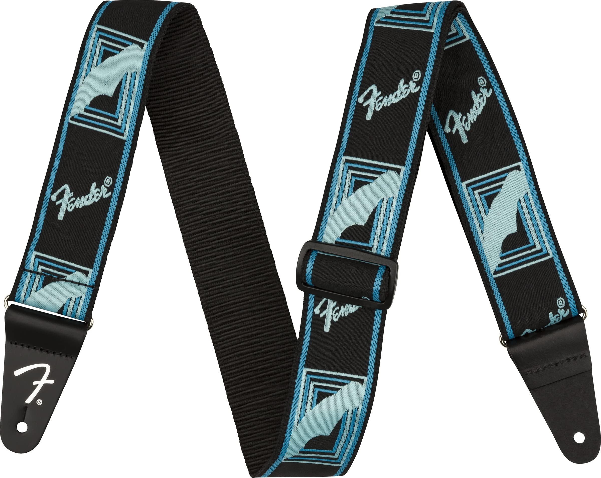 Fender Neon Monogrammed Guitar Strap, 2in, with 1-Year Warranty, Adjustable Length from 34" to 59", Leather Ends, Daphne Blue