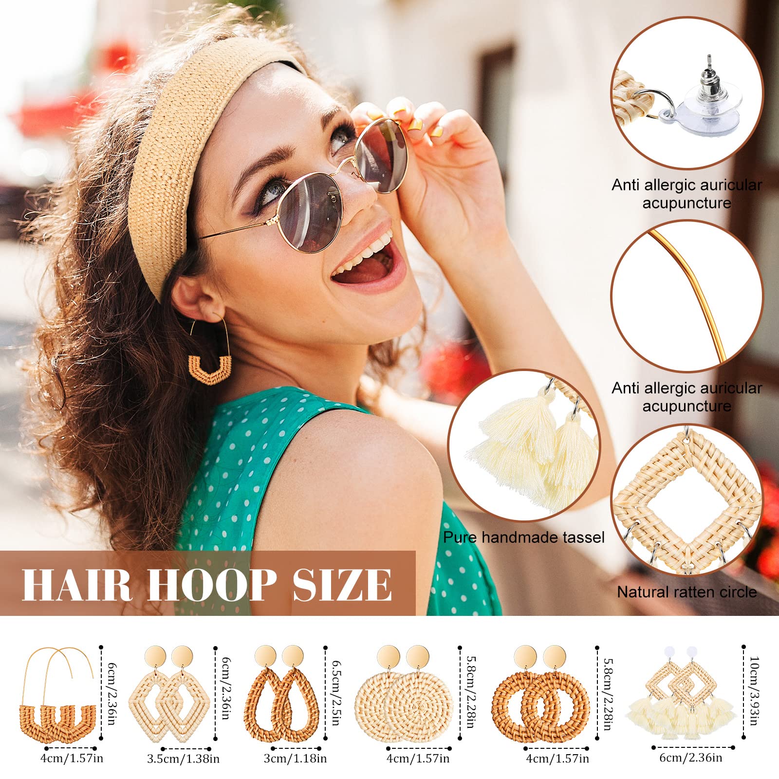 8 Pieces Knotted Rattan Headband Earrings for Women Wide Straw Boho Headbands Twist Knot Hair Accessories Lightweight Geometric Jewelry Beach Tassel Woven Braid Drop Dangle Earrings (Elegant Style)