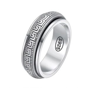 junten 925 sterling silver greek key pattern spinning worry band spinner rings for men women, size 10