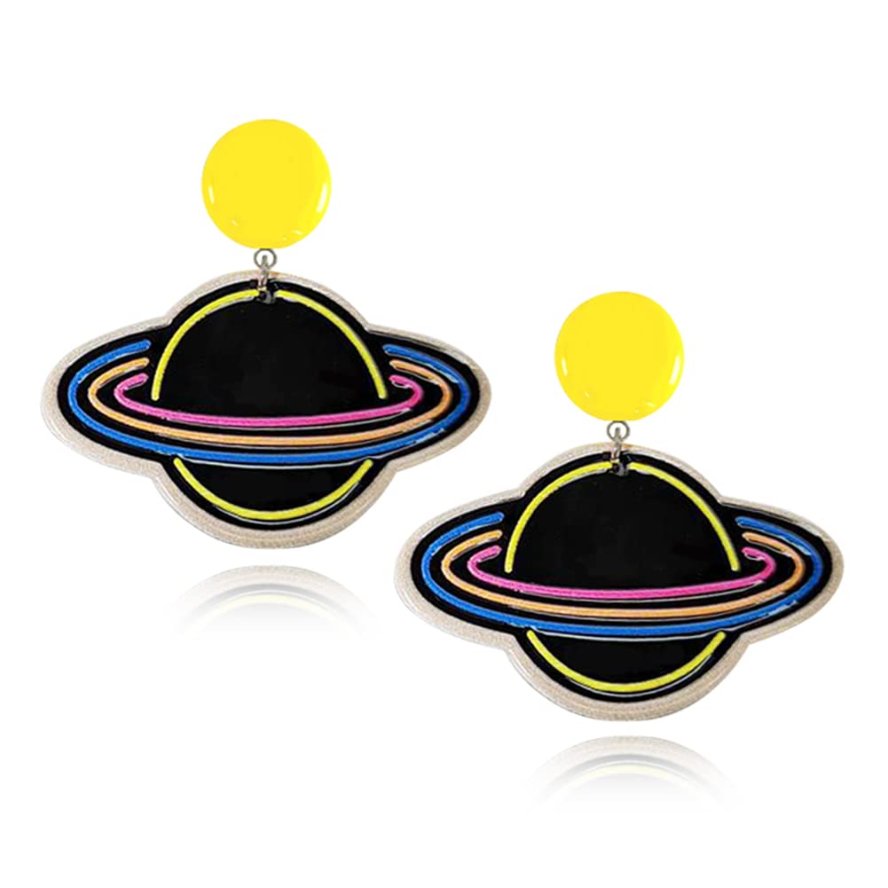 ANXIN Unique Handmade Cartoon Black Embossed Print Rocket Planet Earrings Chic Lightweight Creative Acrylic Drop Dangle Earrings For Women Jewelry Gifts (Black Planet (Xingxing) Earrings)