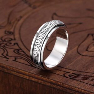 JUNTEN 925 Sterling Silver Greek Key Pattern Spinning Worry Band Spinner Rings for Men Women, Size 10