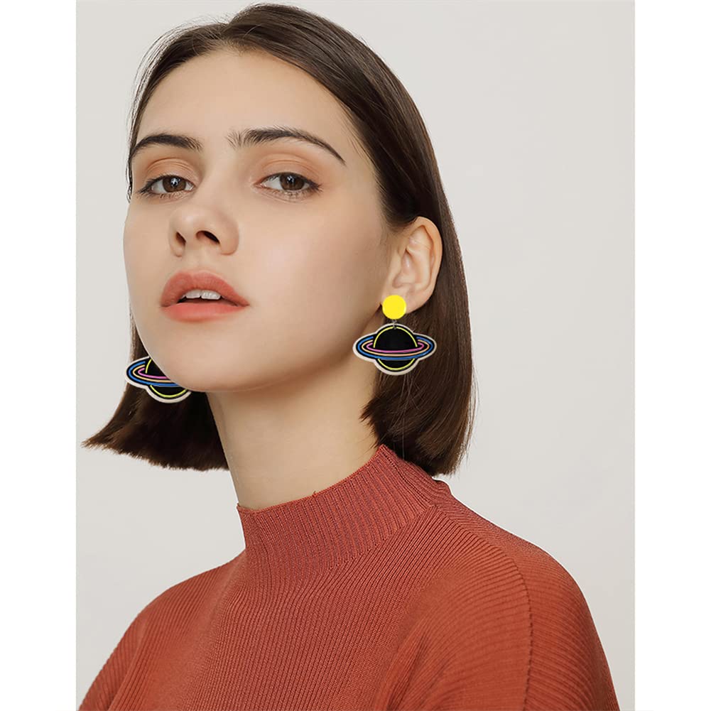 ANXIN Unique Handmade Cartoon Black Embossed Print Rocket Planet Earrings Chic Lightweight Creative Acrylic Drop Dangle Earrings For Women Jewelry Gifts (Black Planet (Xingxing) Earrings)