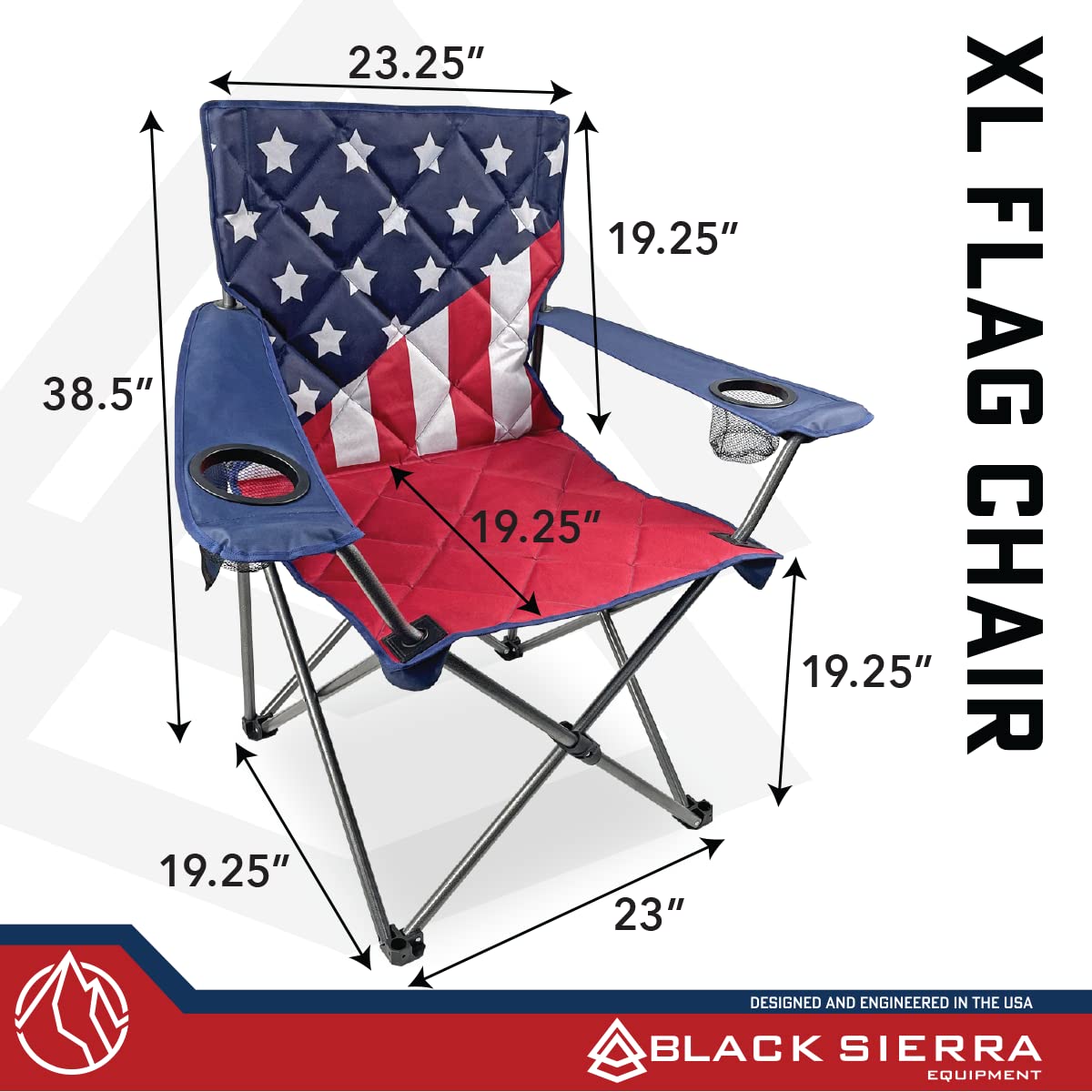 Black Sierra XL Patriotic USA American Flag Camping Chair, Oversize Foldable Outdoor Chair w/Padding & 2 Cupholders, Heavy Duty Lawn Chair Supports 300 lbs for Camping, Beach, RV, Patio, Sports