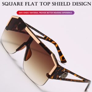 AIEYEZO Square Oversized Sunglasses Flat Top Shield Sun Glasses for Men Women One Lens Square Shades (Leopard/Brown Gradient)