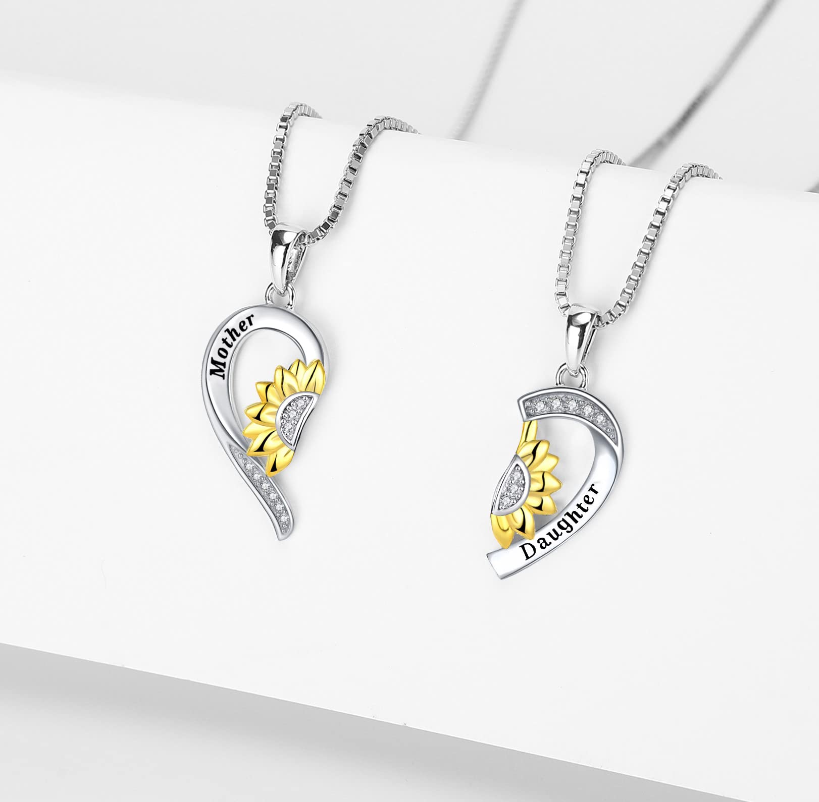 CUSUA Mother Daughter Necklace 925 Sterling Silver Sunflower Heart Matching Pendant Necklace Set for 2 | Mothers Day Gifts From Daughter Unique