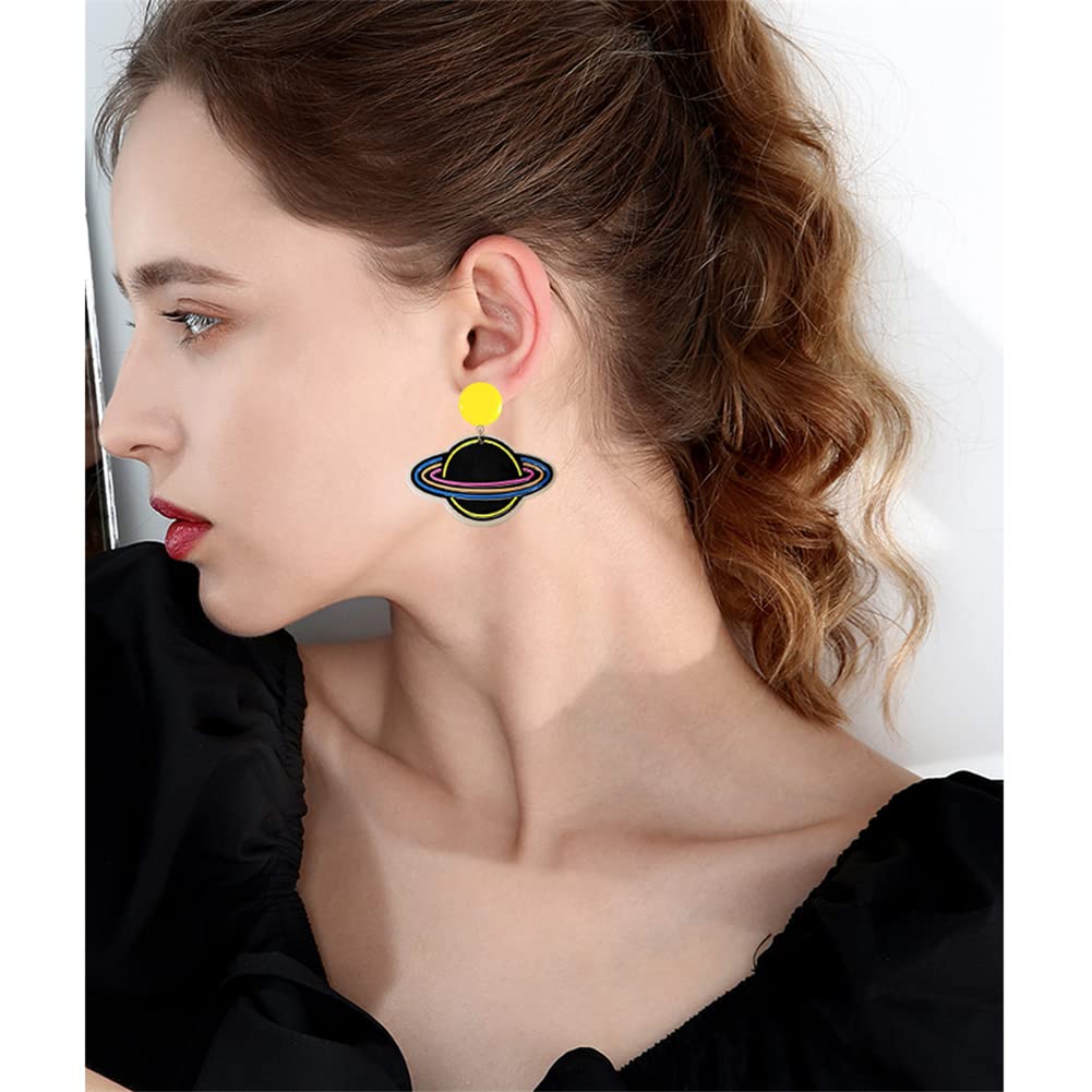 ANXIN Unique Handmade Cartoon Black Embossed Print Rocket Planet Earrings Chic Lightweight Creative Acrylic Drop Dangle Earrings For Women Jewelry Gifts (Black Planet (Xingxing) Earrings)