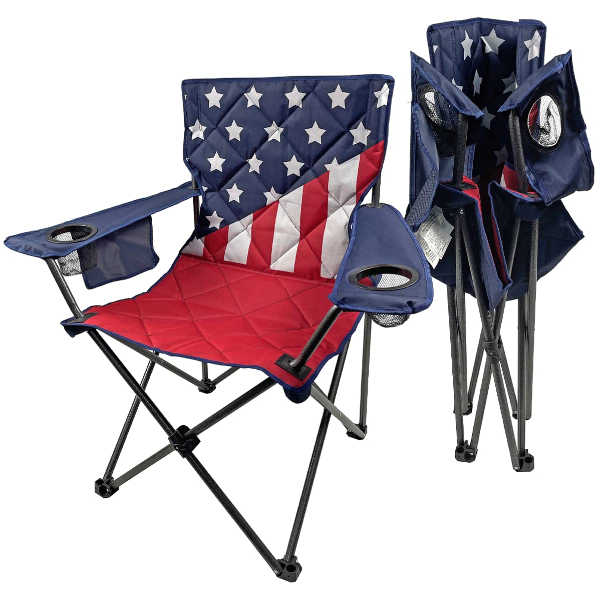 Black Sierra XL Patriotic USA American Flag Camping Chair, Oversize Foldable Outdoor Chair w/Padding & 2 Cupholders, Heavy Duty Lawn Chair Supports 300 lbs for Camping, Beach, RV, Patio, Sports