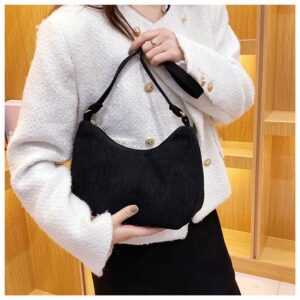 Women Corduroy Shoulder Bag Small Handbag Purse Casual Ladies Satchel Fashion Daily Tote Bag (Black)