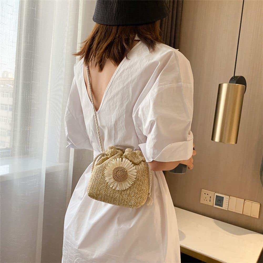 Women Straw Handbag Sunflower Crossbody Bag Mini Drawstring Purse Summer Beach Shoulder Bag Handmade Casual Bucket Tote Bag (khaki)