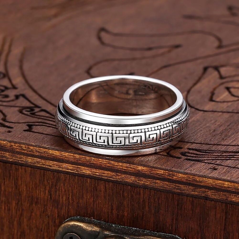 JUNTEN 925 Sterling Silver Greek Key Pattern Spinning Worry Band Spinner Rings for Men Women, Size 10