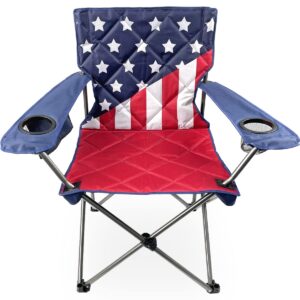 Black Sierra XL Patriotic USA American Flag Camping Chair, Oversize Foldable Outdoor Chair w/Padding & 2 Cupholders, Heavy Duty Lawn Chair Supports 300 lbs for Camping, Beach, RV, Patio, Sports