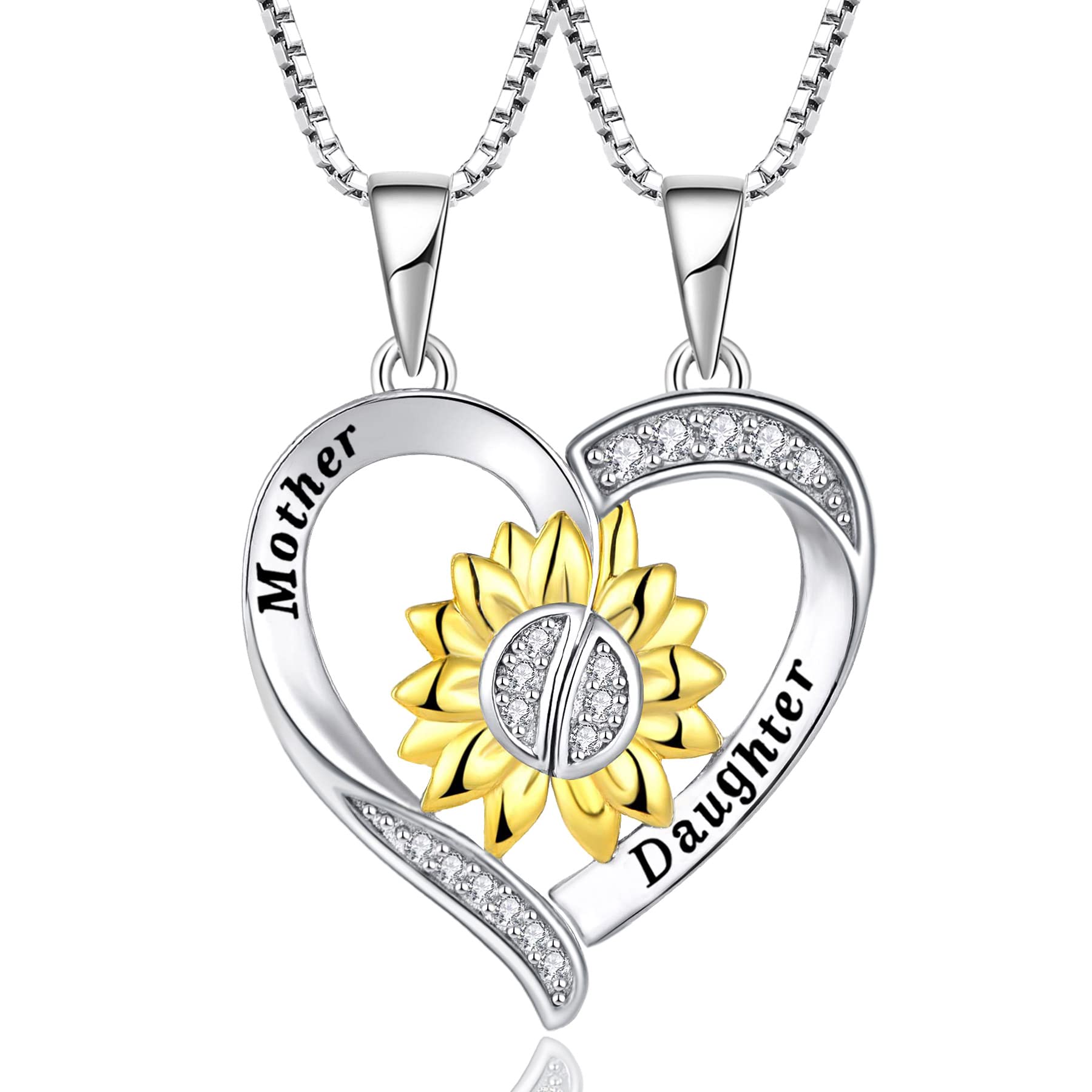 CUSUA Mother Daughter Necklace 925 Sterling Silver Sunflower Heart Matching Pendant Necklace Set for 2 | Mothers Day Gifts From Daughter Unique