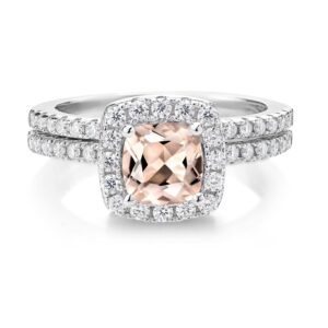 Gem Stone King 925 Sterling Silver Cushion Peach Morganite and Moissanite Wedding Engagement Ring Band Bridal Set For Women (1.34 Cttw, Gemstone Birthstone, Available In Size 5, 6, 7, 8, 9)