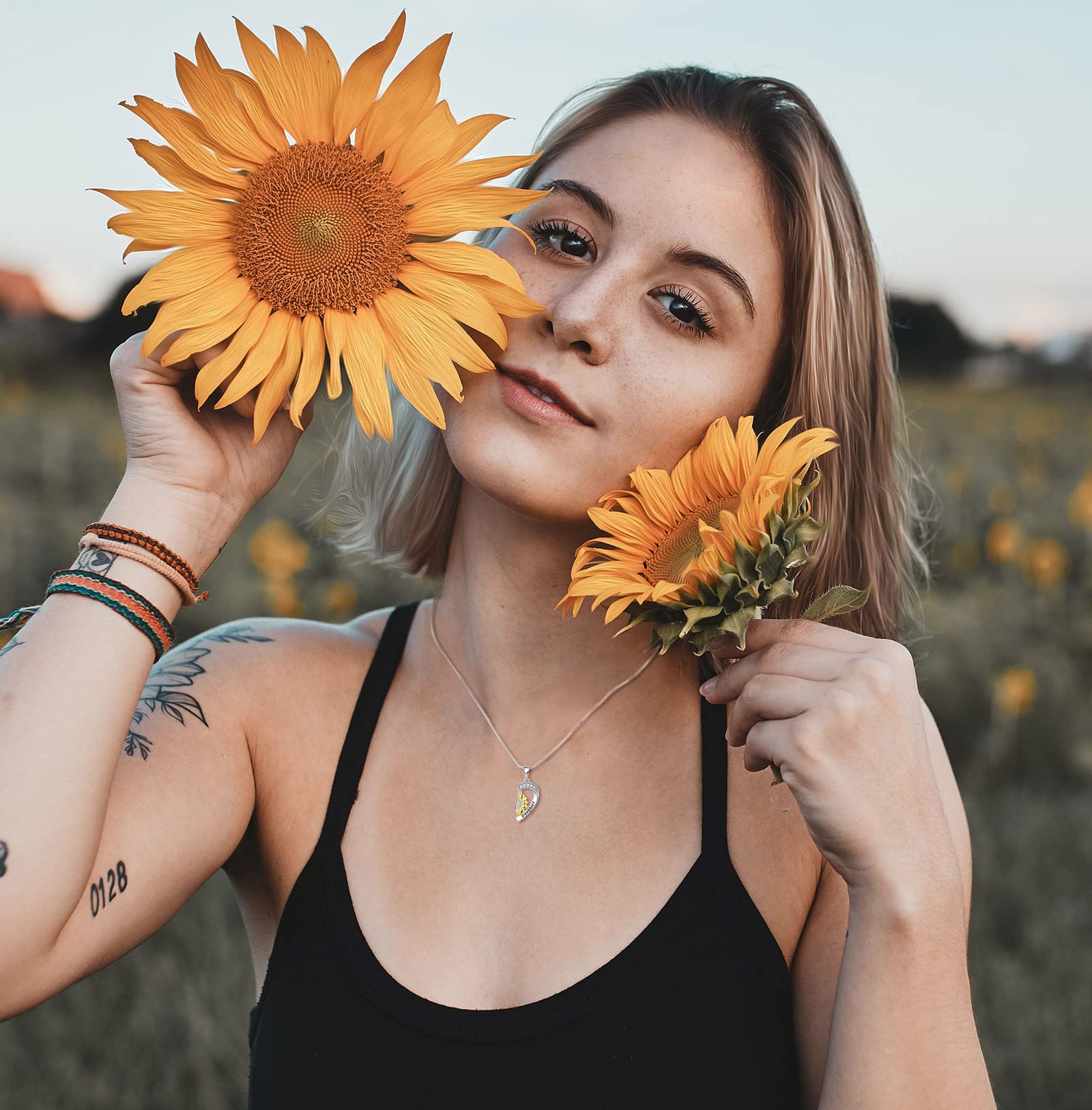 CUSUA Mother Daughter Necklace 925 Sterling Silver Sunflower Heart Matching Pendant Necklace Set for 2 | Mothers Day Gifts From Daughter Unique