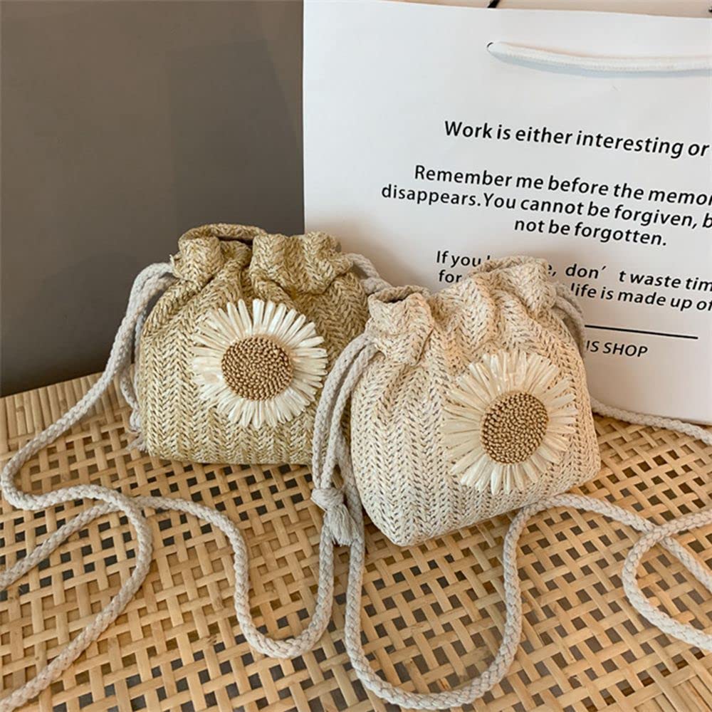 Women Straw Handbag Sunflower Crossbody Bag Mini Drawstring Purse Summer Beach Shoulder Bag Handmade Casual Bucket Tote Bag (khaki)