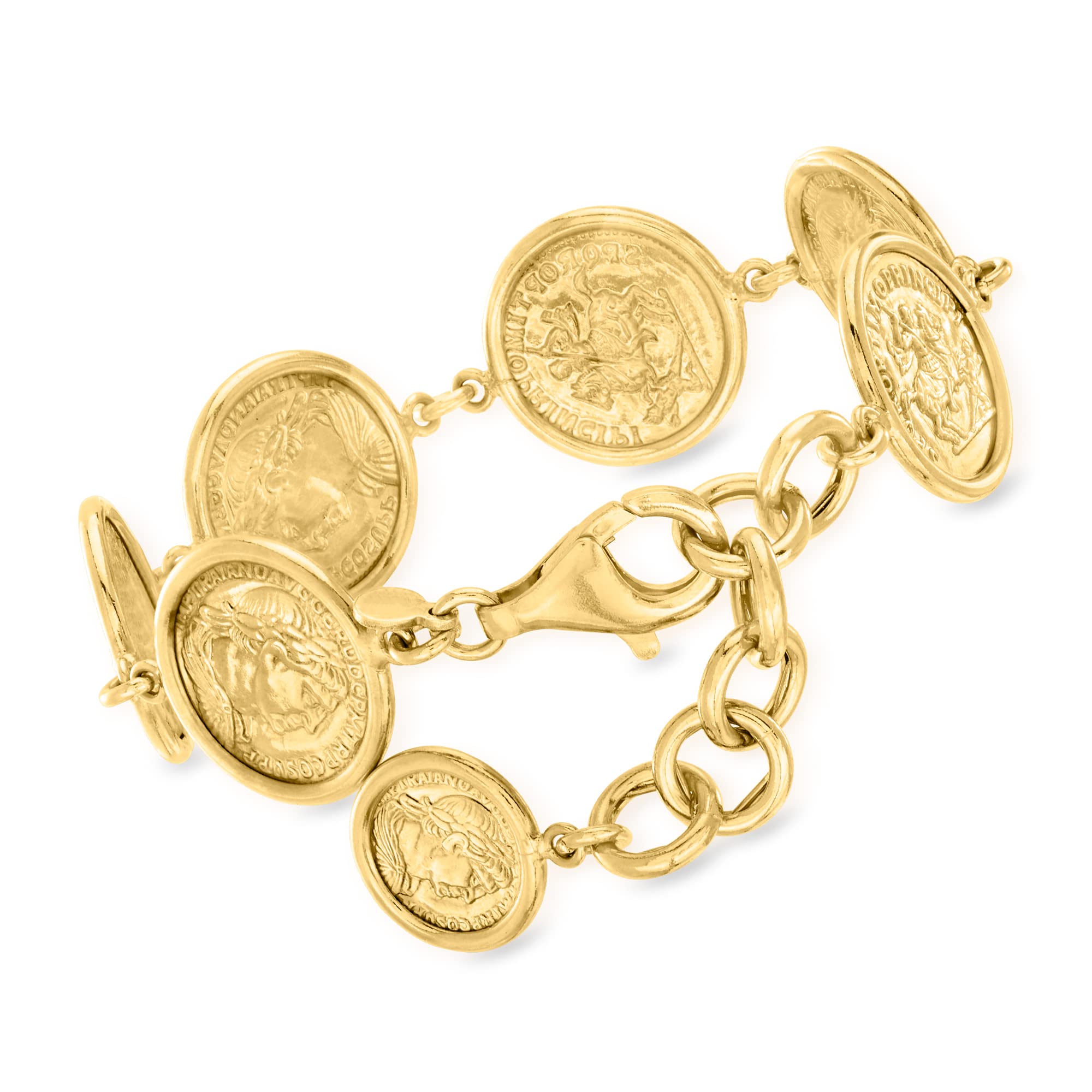 Ross-Simons Italian 18kt Gold Over Sterling Replica Coin Bracelet. 7 inches