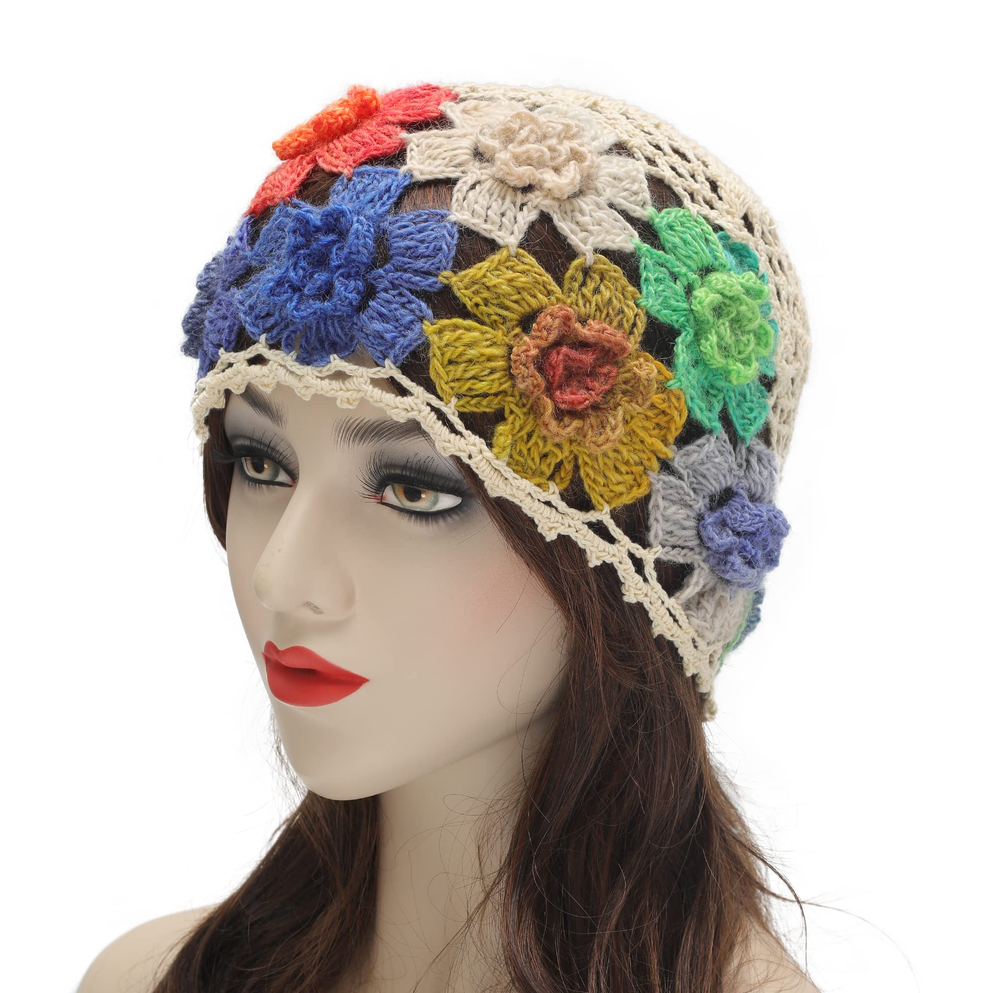 ZLYC Women Cotton Crochet Skull Cap Handmade Knit Cutout Floral Beanie Hat (Flowers Beige)