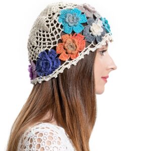 ZLYC Women Cotton Crochet Skull Cap Handmade Knit Cutout Floral Beanie Hat (Flowers Beige)