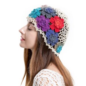 ZLYC Women Cotton Crochet Skull Cap Handmade Knit Cutout Floral Beanie Hat (Flowers Beige)