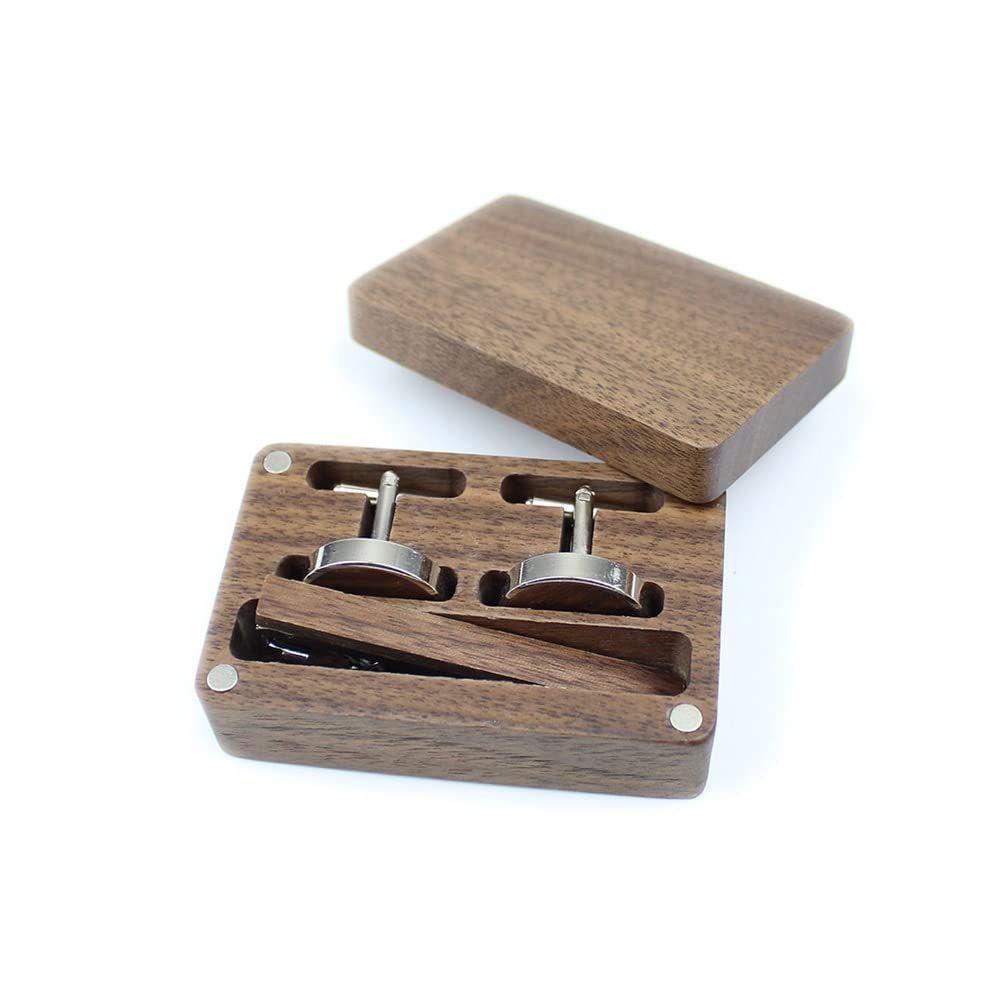 Rustic Walnut Wooden Round Cufflinks Tie Clips Set for Men with Wooden Organizer Box