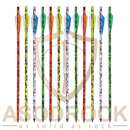 ASODROCK Carbon Crossbow Bolts 18 inch Colorful Camouflage Arrows with 3-Inch Vanes Replaceable Field Point and Moon Nock(12pcs Pack)