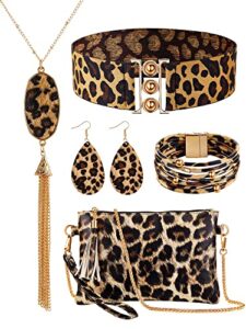 junkin 6 pcs leopard jewelry gift set for women, earrings bracelets multilayer leather cuff clutch purse stretch belt for party event(leopard,yellow, black)