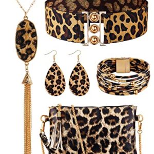 Junkin 6 Pcs Leopard Jewelry Gift Set for Women, Earrings Bracelets Multilayer Leather Cuff Clutch Purse Stretch Belt for Party Event(Leopard,Yellow, Black)