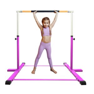 Athletic Bar Expandable Gymnastics Kip Bar 3 in 1 Set with Balance Beam, 6'x4' Mat for Kids, Horizontal Bar Junior Gymnastic Training Exercise for Gymnast Home Gym Height Adjustable 3 to 5 FT (Pink)