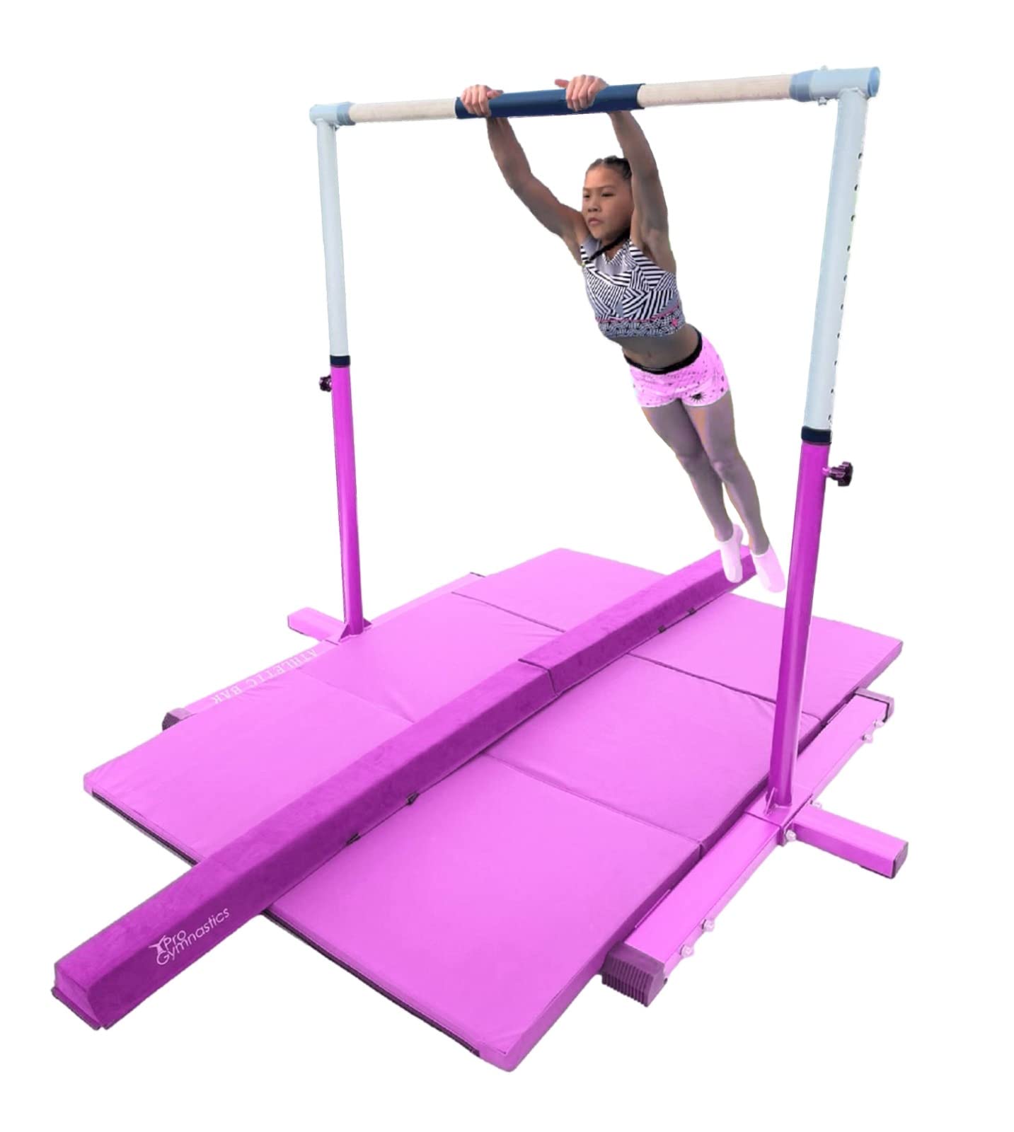 Athletic Bar Expandable Gymnastics Kip Bar 3 in 1 Set with Balance Beam, 6'x4' Mat for Kids, Horizontal Bar Junior Gymnastic Training Exercise for Gymnast Home Gym Height Adjustable 3 to 5 FT (Pink)