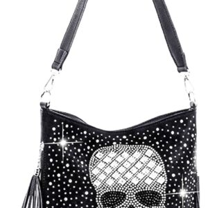 Zzfab Bold Stone Skull Rhinestones Crossbody Bag Little Hobo Black Bling purse