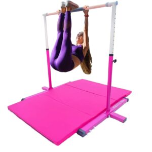 Athletic Bar Expandable Gymnastics Kip Bar 3 in 1 Set with Balance Beam, 6'x4' Mat for Kids, Horizontal Bar Junior Gymnastic Training Exercise for Gymnast Home Gym Height Adjustable 3 to 5 FT (Pink)