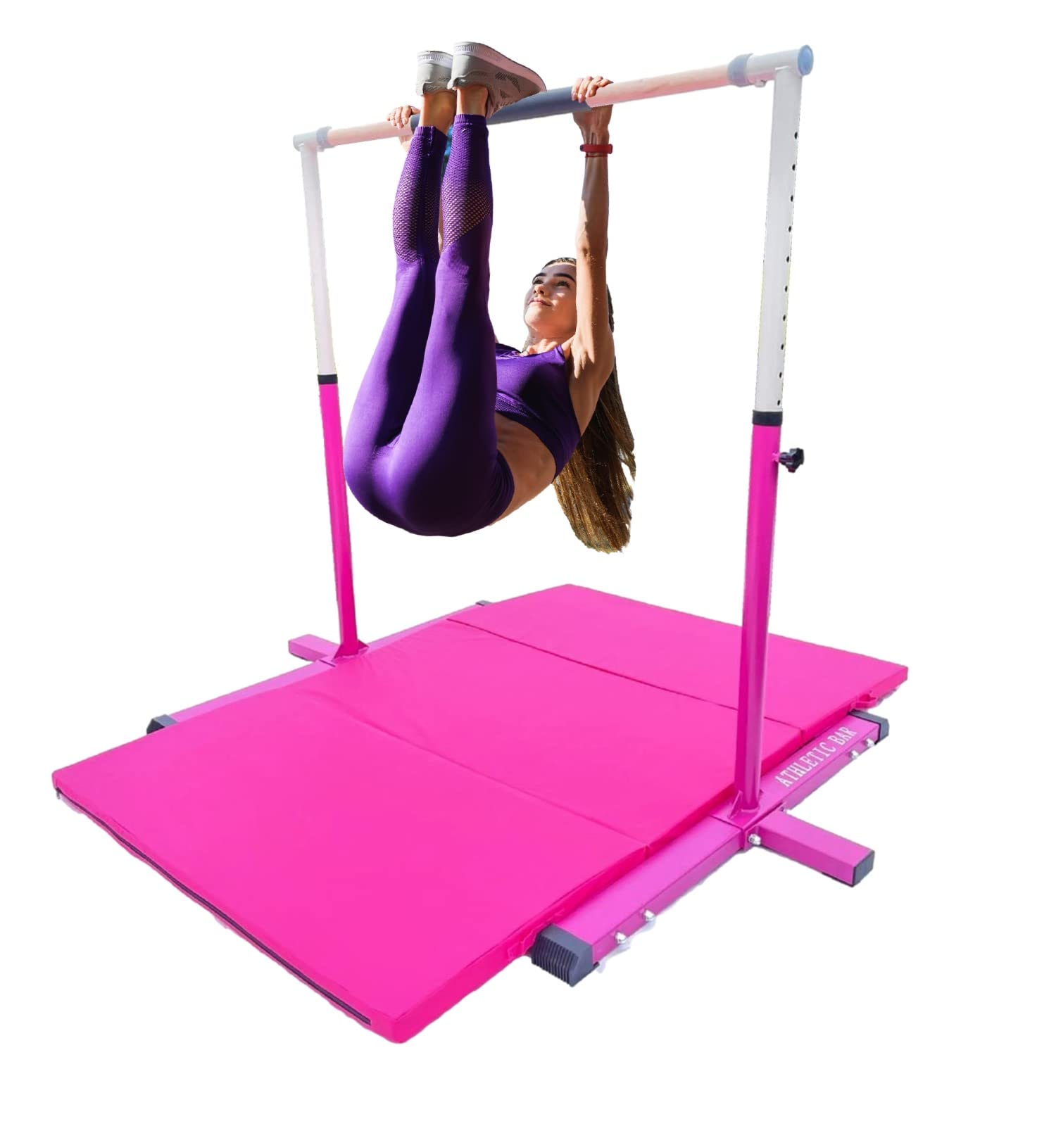 Athletic Bar Expandable Gymnastics Kip Bar 3 in 1 Set with Balance Beam, 6'x4' Mat for Kids, Horizontal Bar Junior Gymnastic Training Exercise for Gymnast Home Gym Height Adjustable 3 to 5 FT (Pink)