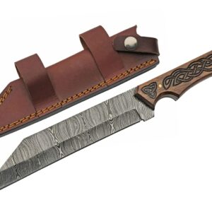 SZCO Supplies 12.25” Full Tang Celtic Handle Damascus Steel Reverse Tanto Seax Knife With Leather Sheath, Brown (DM-1300)