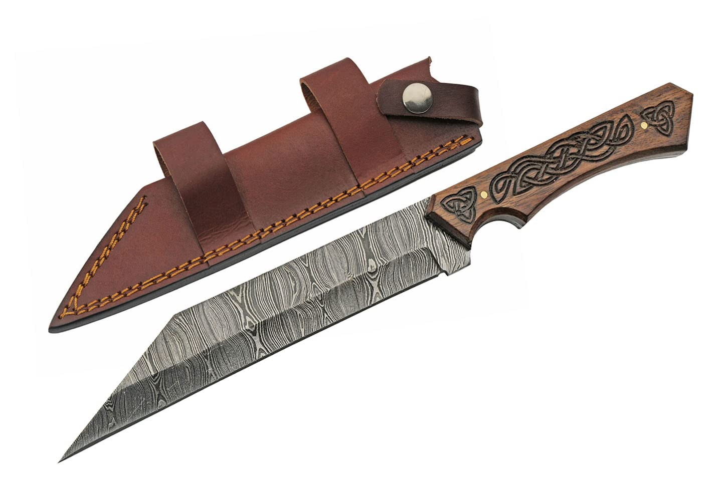 SZCO Supplies 12.25” Full Tang Celtic Handle Damascus Steel Reverse Tanto Seax Knife With Leather Sheath, Brown (DM-1300)