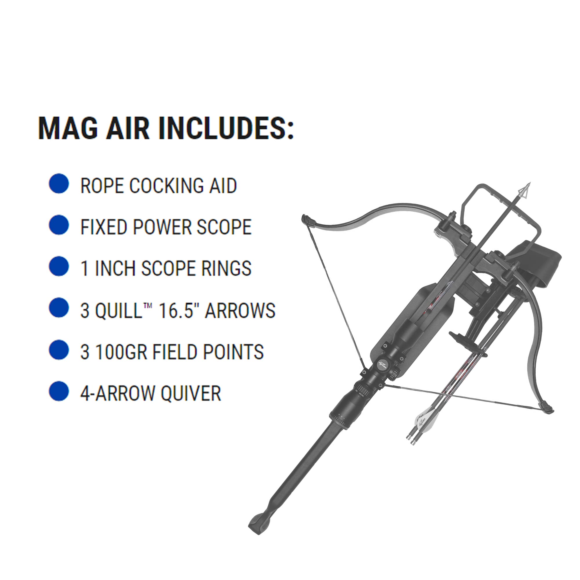 EXCALIBUR Mag AIR Accurate Lightweight Durable Safety Versatile Hunting Archery Crossbow - 1-inch Scope Rings, 3 Quill 16.5" Arrows, 4-Arrow Quiver Included