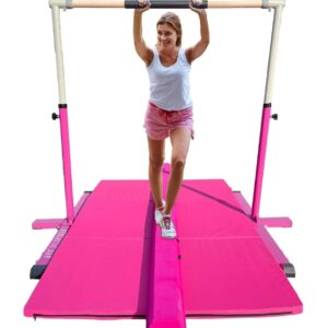 Athletic Bar Expandable Gymnastics Kip Bar 3 in 1 Set with Balance Beam, 6'x4' Mat for Kids, Horizontal Bar Junior Gymnastic Training Exercise for Gymnast Home Gym Height Adjustable 3 to 5 FT (Pink)